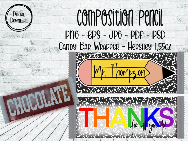 Editable Composition Candy Bar Wrap, Teacher Thank You Gift, Chocolate ...