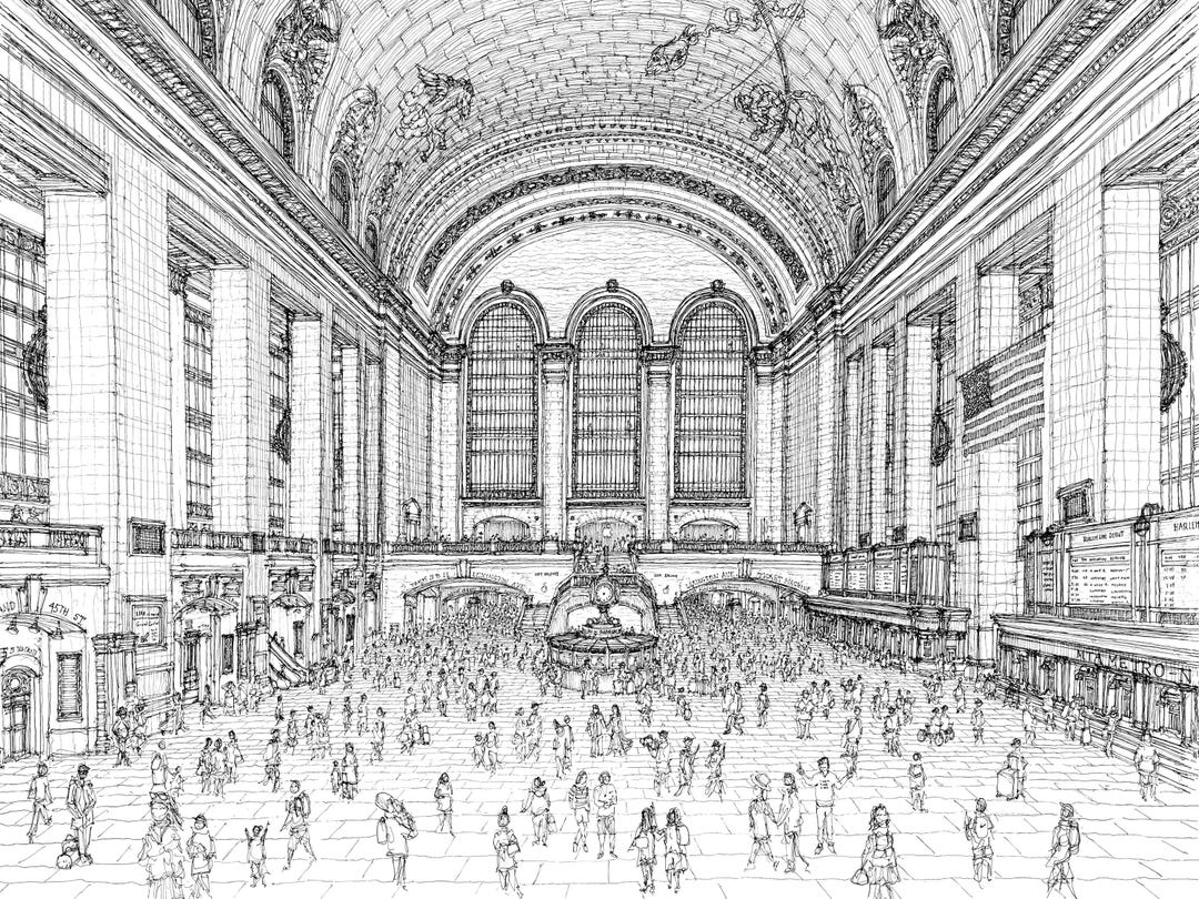 NYC Fine Line Drawing: Grand Central Terminal | Line Art, NYC Wall Art ...