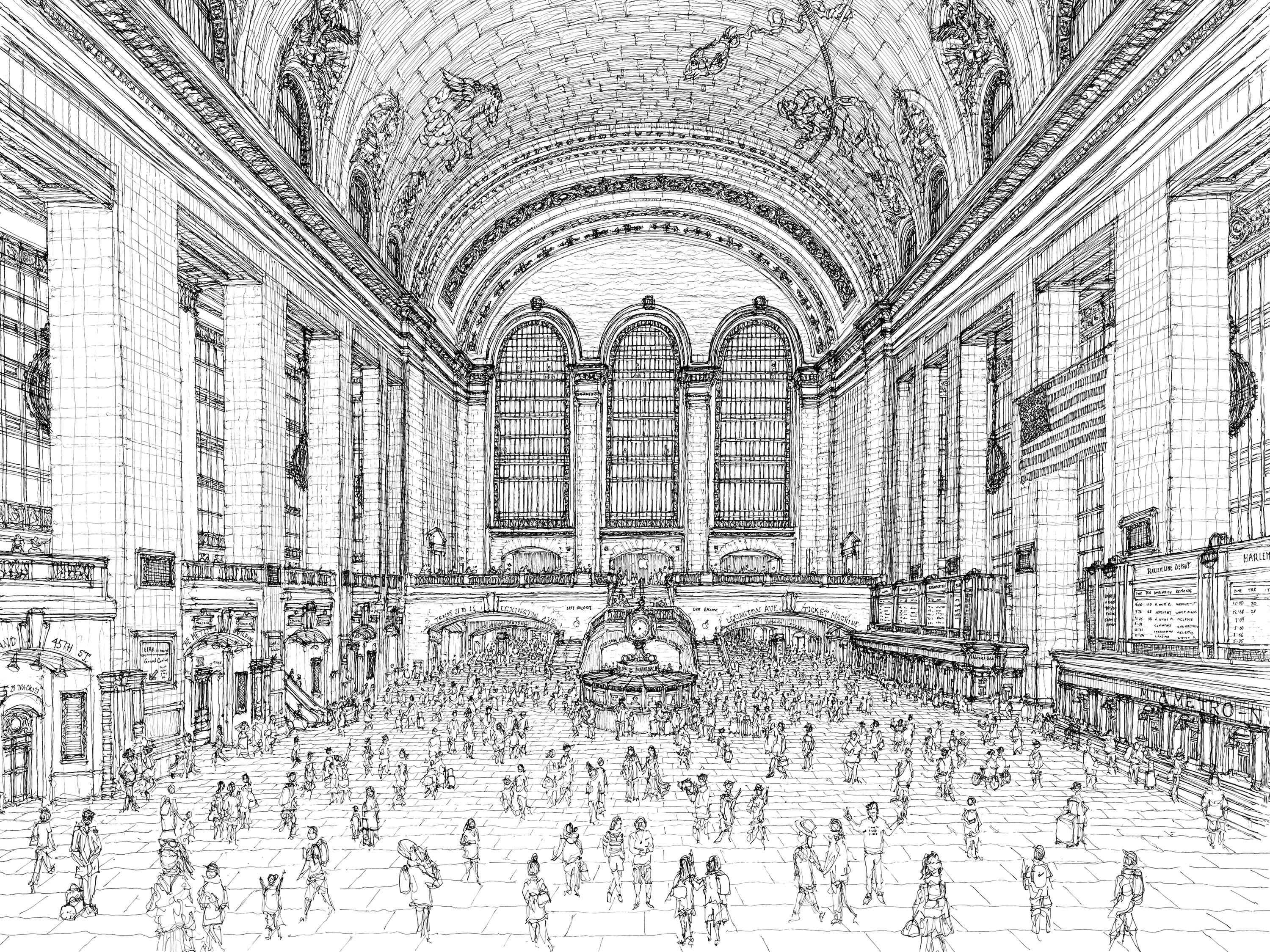 NYC Fine Line Drawing: Grand Central Terminal | Line Art, NYC Wall Art ...