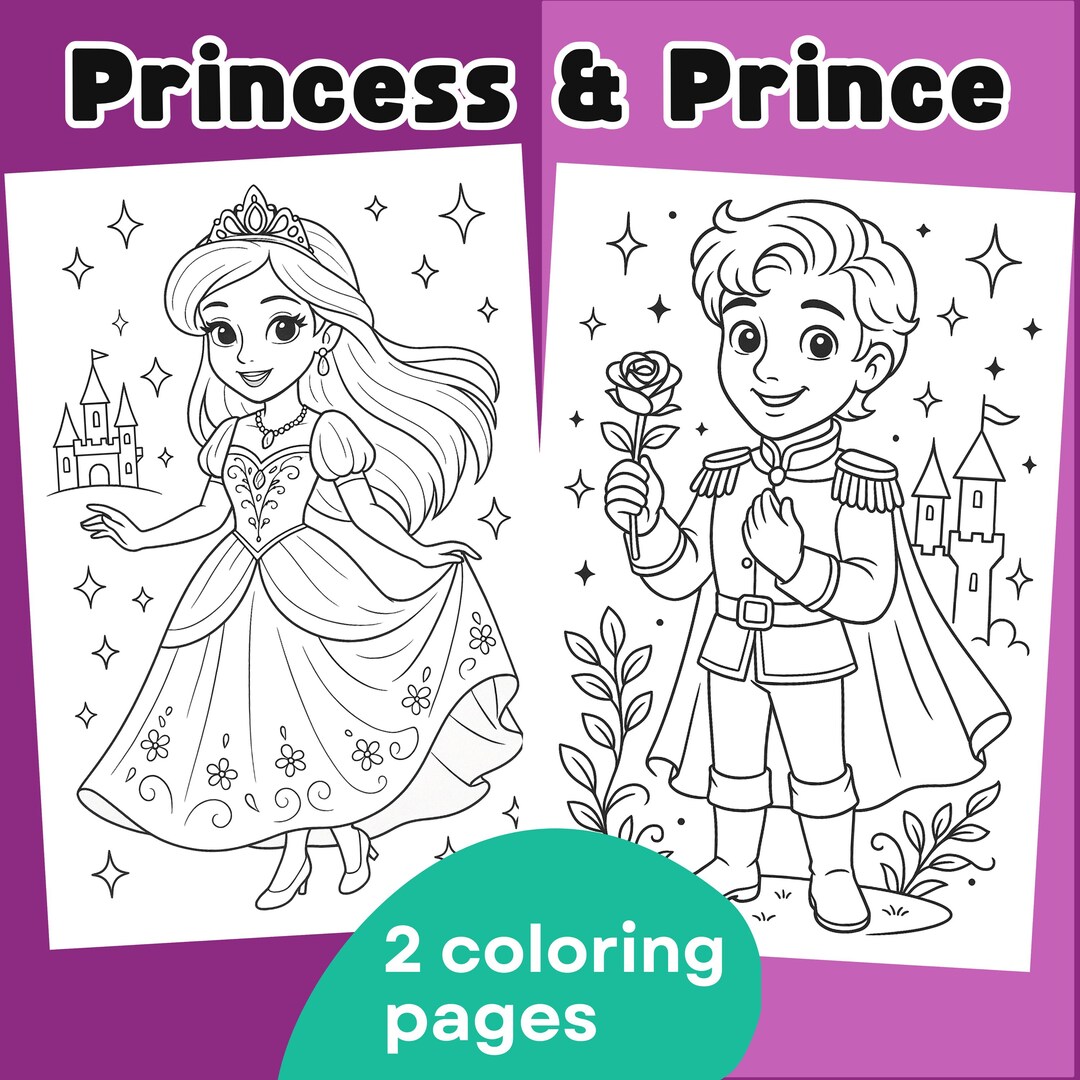 Princess & Prince Colouring Pages Fairy Tale Royal Couple Printable Set ...