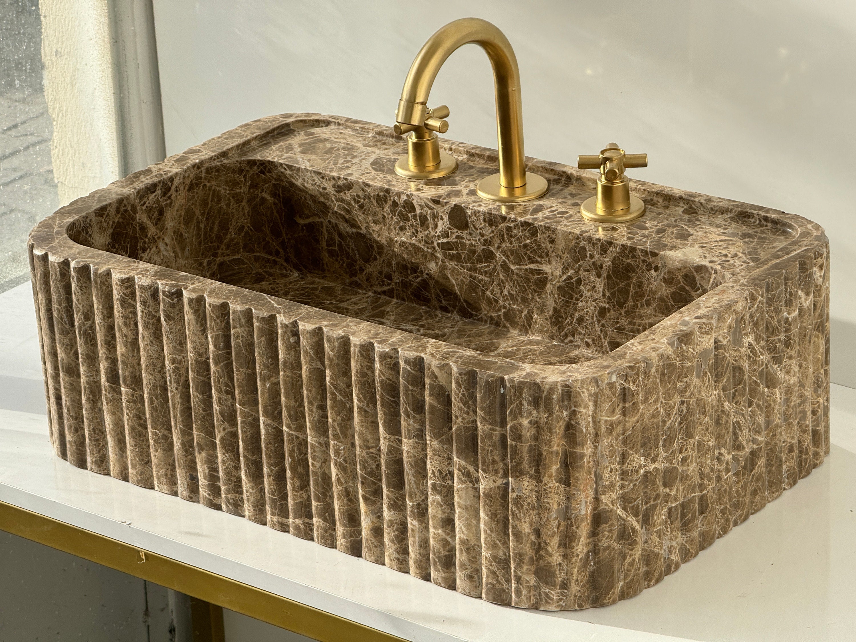 Ready for Shipping Emperador Marble Sink With Ribbed on Three Side ...