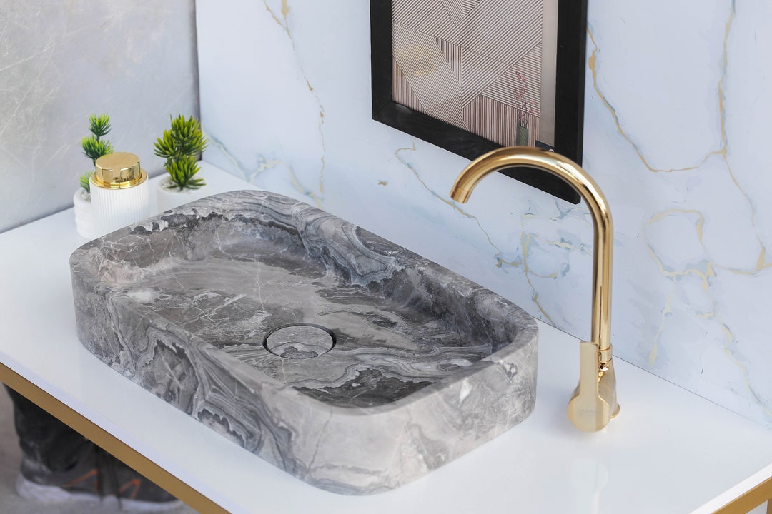 Grey Marble Rectangle Sink, Vessel, Wash Basin,handmade Marble Bathroom ...