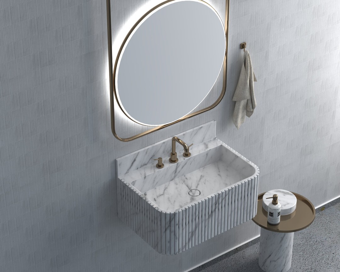 Carrara White Marble Back Splash Sink With Ribbed on Three Side, Marble ...