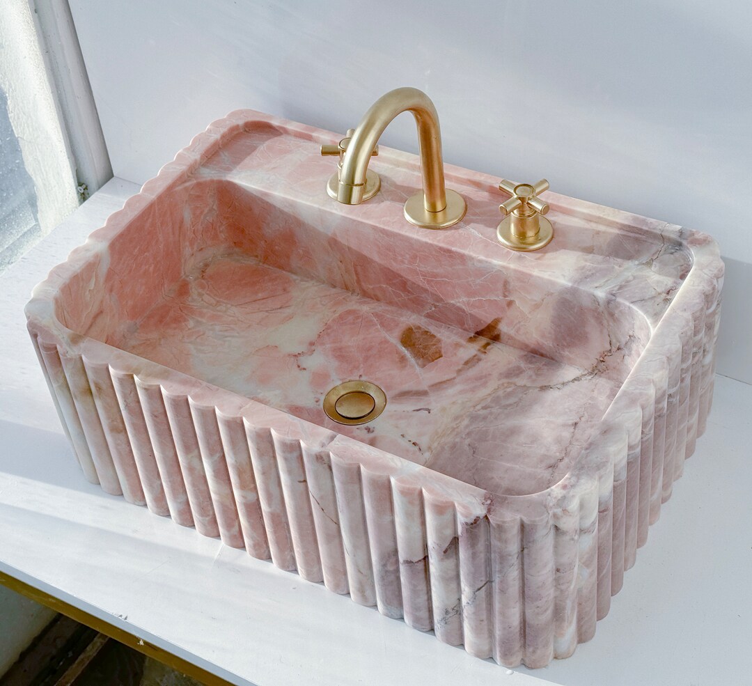 Pink Marble Sink With Ribbed on Three Side, Marble Sink, Custom Order ...