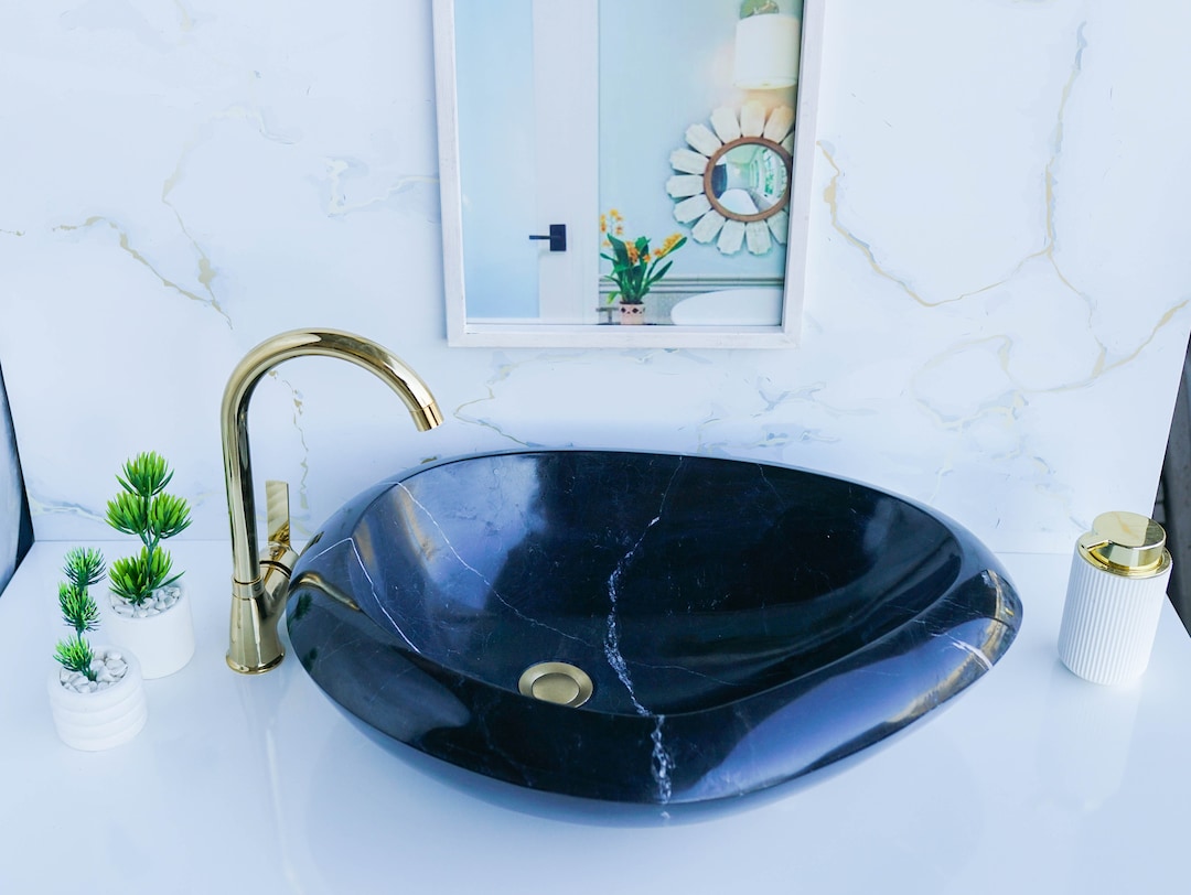 Geometric Shaped Black Sink, Natural Stone Marble Handmade Sink, Unique ...