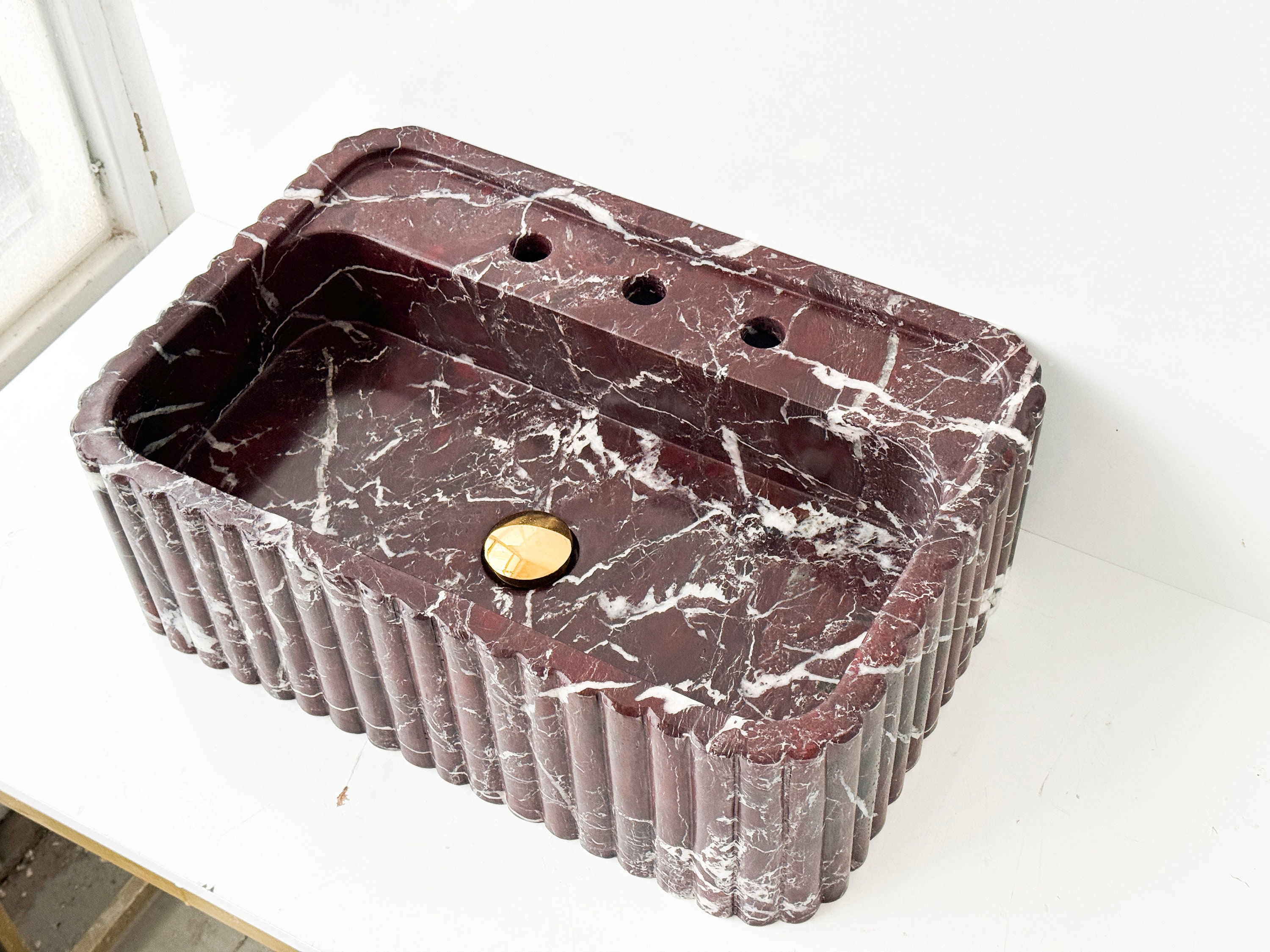 Ready for Shipping Burgundy Cherry Marble Sink With Ribbed on Three ...