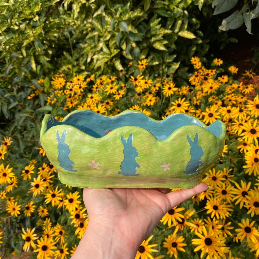 Handmade Ceramic Easter Bowl | Bunnies and Eggs Spring Serving Dish - Etsy