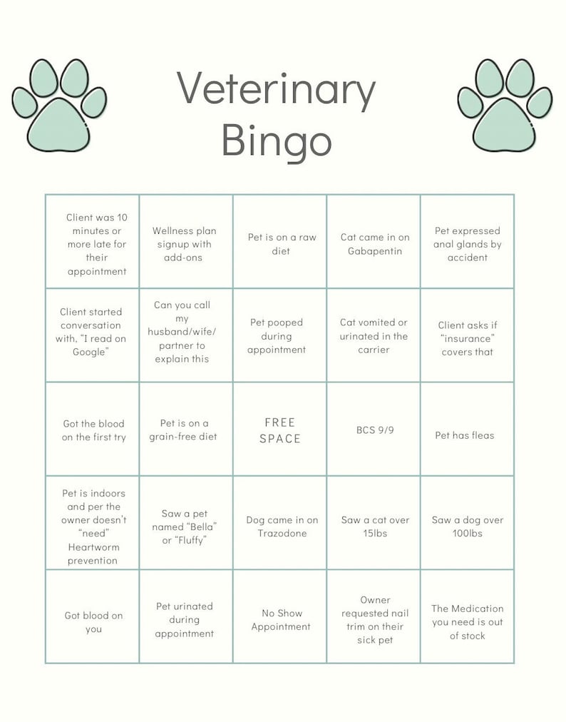More Veterinary Bingo Cards - Etsy