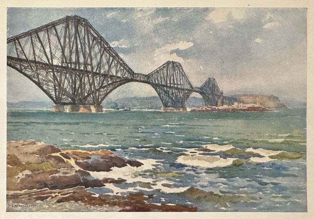 Fife Scotland Forth Rail Bridge Vintage Print Watercolour Painting ...