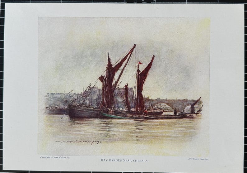 London Hay Barges Near Chelsea on River Thames Vintage Print ...