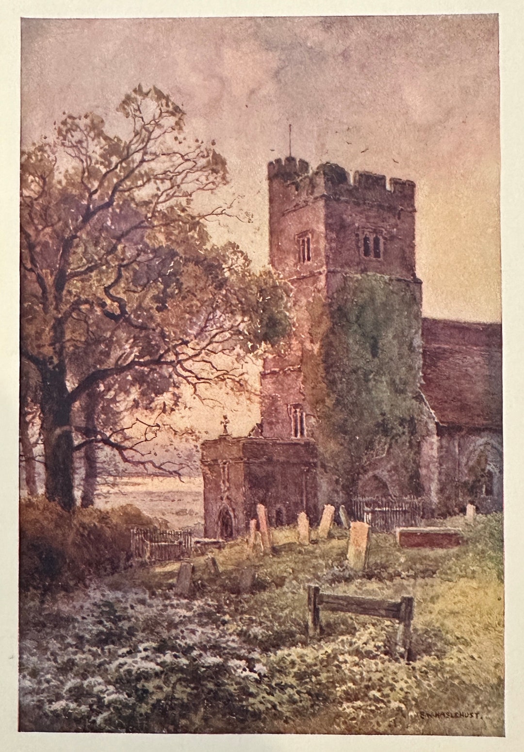 Kent Chalk Church Vintage Print Watercolour Painting Art Antique ...