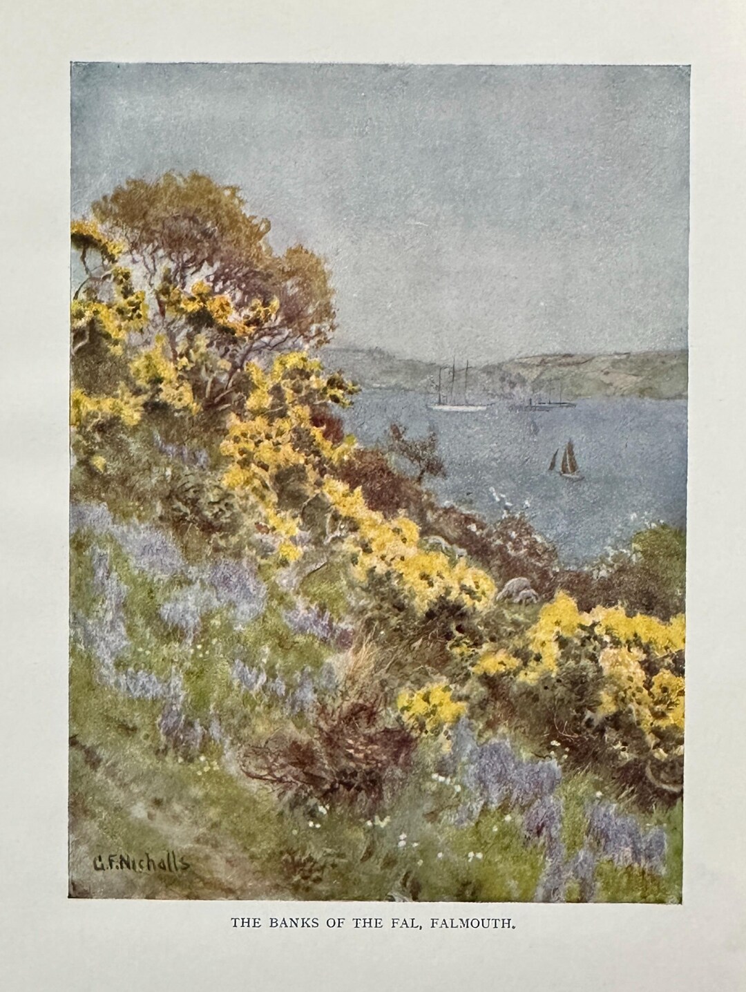 Cornwall River Fal Falmouth Vintage Print Watercolour Painting English ...
