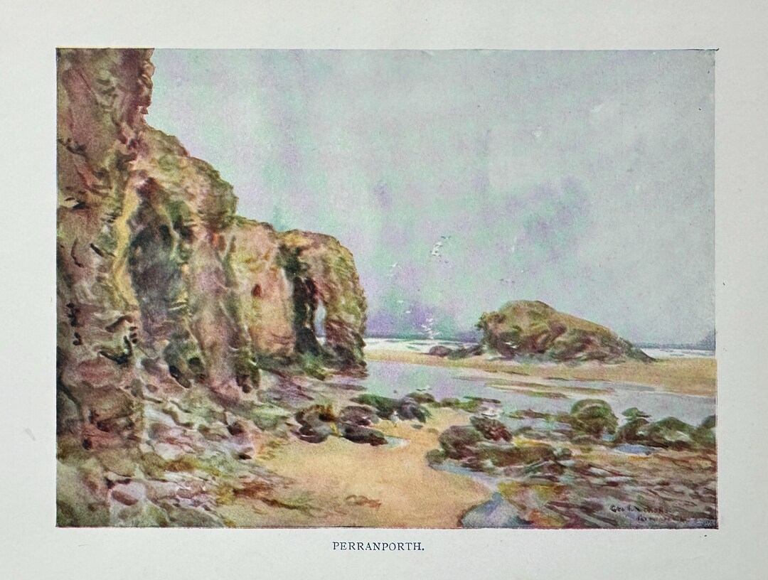 Cornwall Perranporth Perran Bay Vintage Small Print Watercolour ...