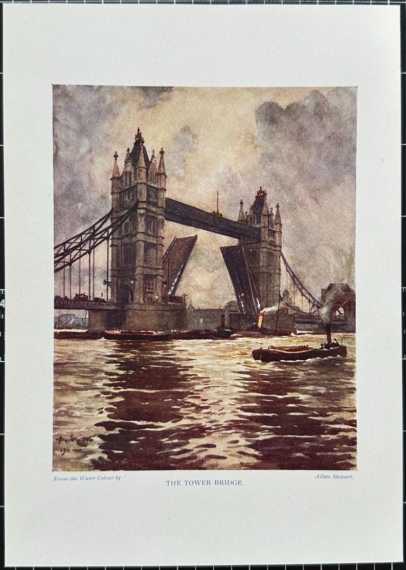 London Tower Bridge River Thames Vintage Print by Allan Stewart ...