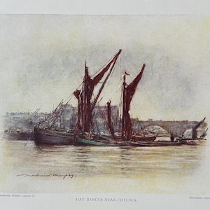 London Hay Barges Near Chelsea on River Thames Vintage Small Print ...