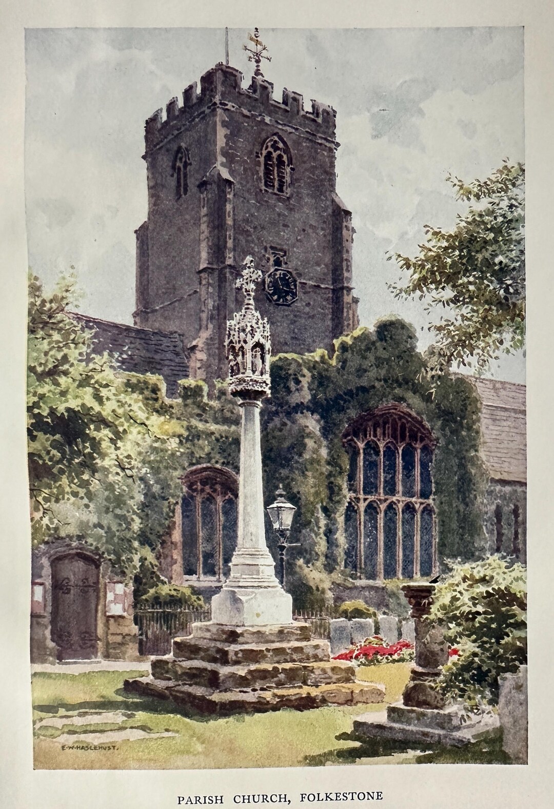 Folkestone Kent the Parish Church Vintage Small Print Watercolour ...