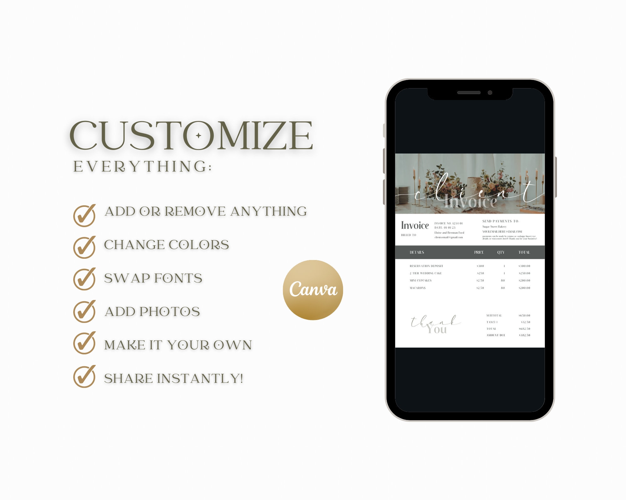 Wedding Baker Invoice, Bakery Invoice, Invoice Template, Canva Template ...