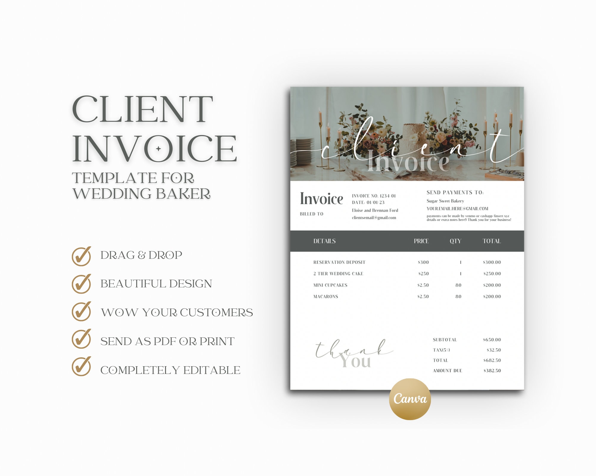 Wedding Baker Invoice, Bakery Invoice, Invoice Template, Canva Template ...