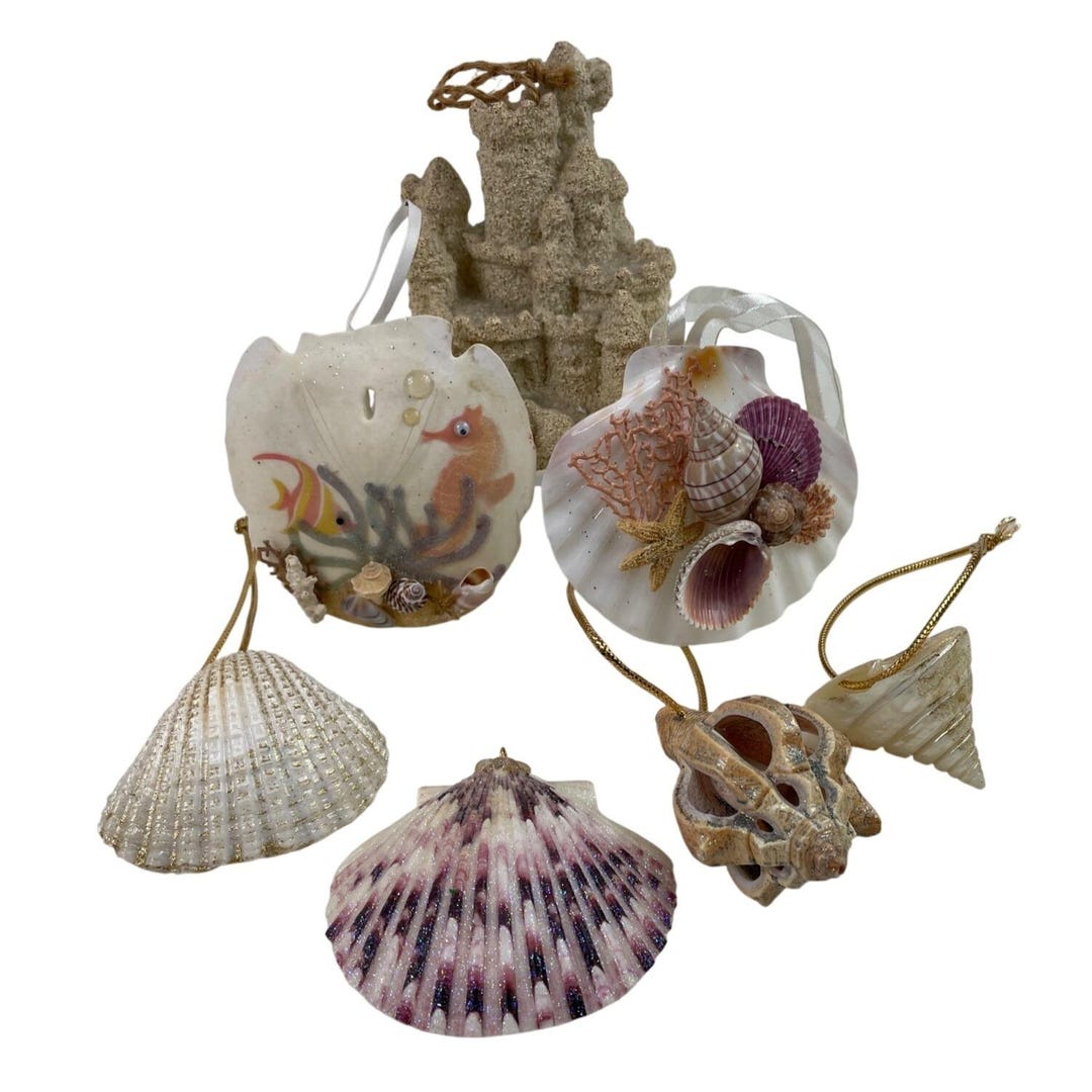 Set of 7 Ocean Beach Sea Shell Themed Christmas Tree Ornaments Sand ...