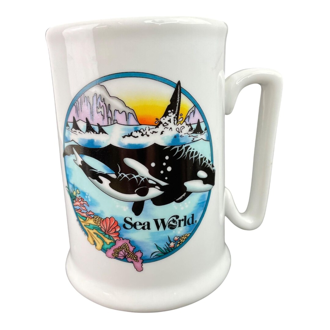 Sea World Orca Mug With Ocean Scene Ceramic White 5-1/4" Tall Vintage ...