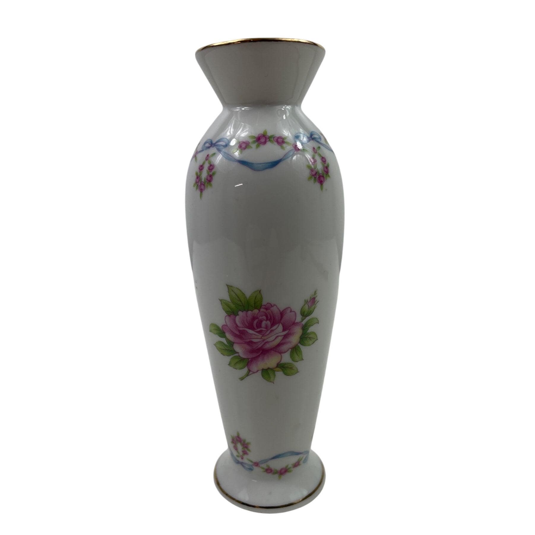 Vintage Lefton China Floral Vase W/ Gold Trim Pink Roses & Blue Ribbon ...
