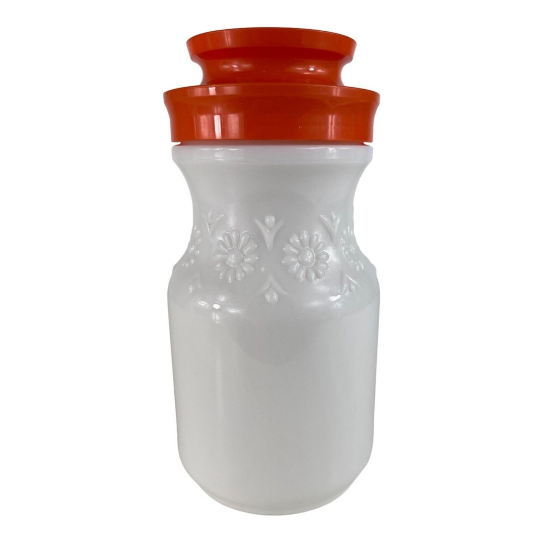 Vintage Milk Glass Tang Jar Canister Embossed Daisies Orange Plastic ...