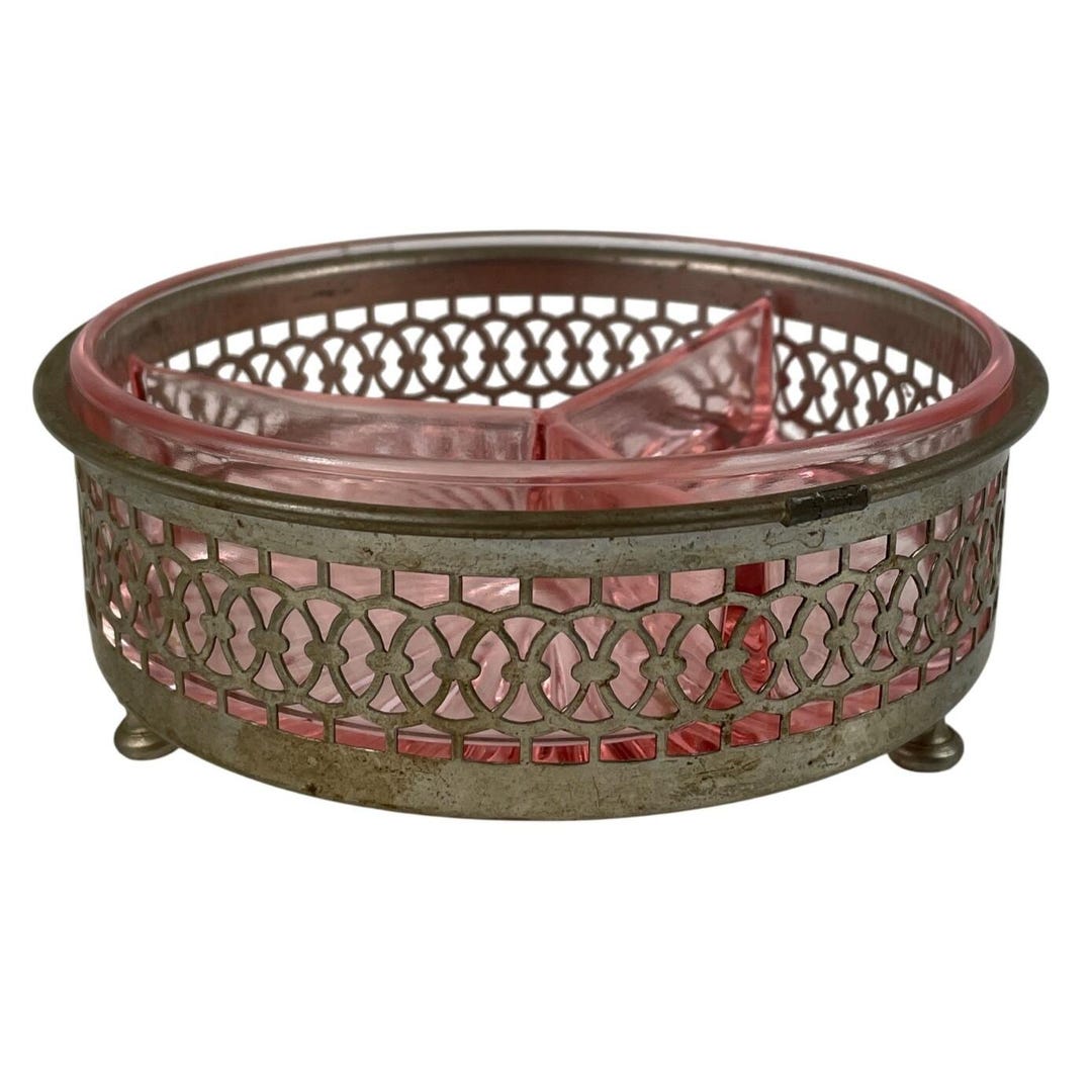 Vintage Pink Depression Glass 3 Part Divided Relish Dish W/ Metal ...