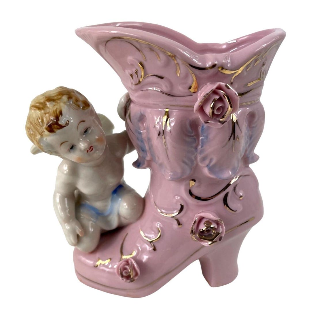 Ucagco Pink Porcelain Boot Figurine Adorned With Cherub & Roses Gold ...