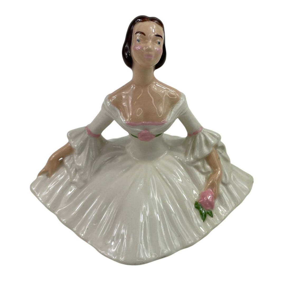 Vintage Ceramic Lady Figurine in White Dress Holding Pink Rose - Etsy