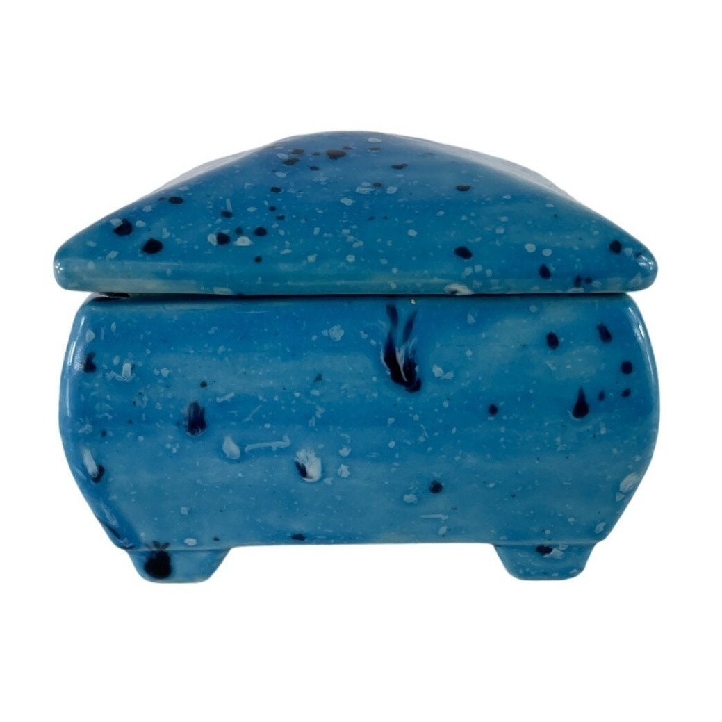 Vintage Blue Speckled Lidded Ceramic Footed Trinket Box - Etsy