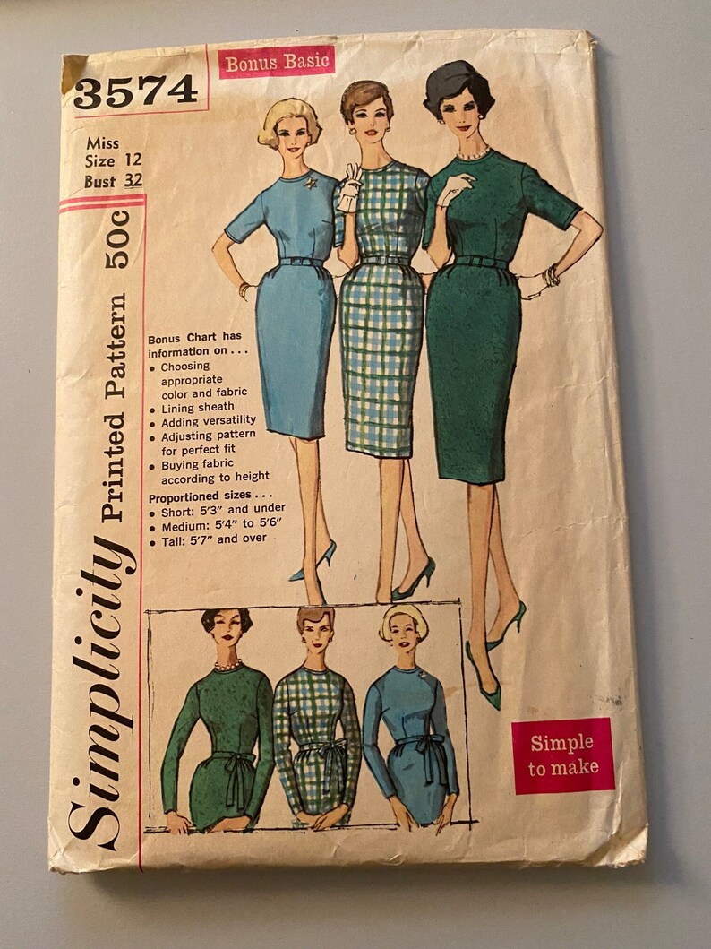 Vintage 1960s One Piece Dress Pattern Size 12 Bust 32, Simplicity 3574 ...