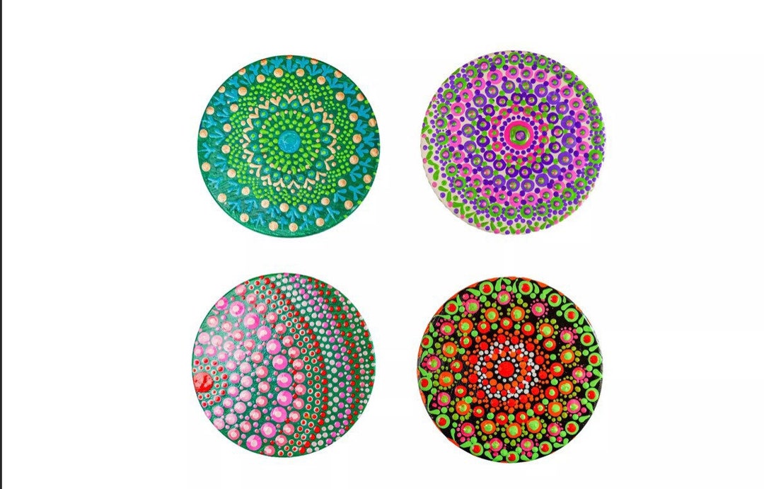CUSTOM Set of 4 Decorative Hand Painted Ceramic Mandala Coasters DOT ...