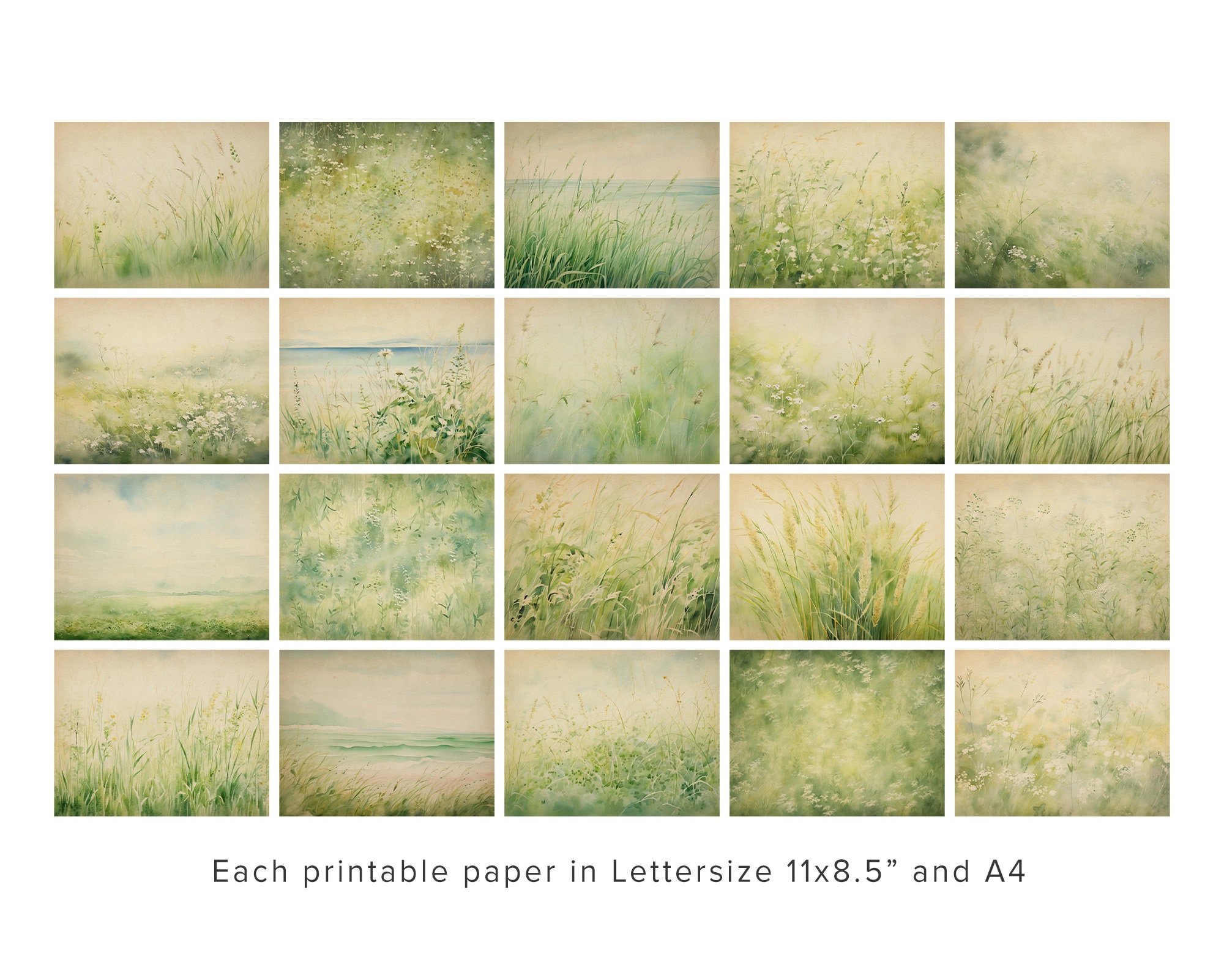 20 X Vintage Field Digital Papers, Calming Green Grass Printable Paper ...