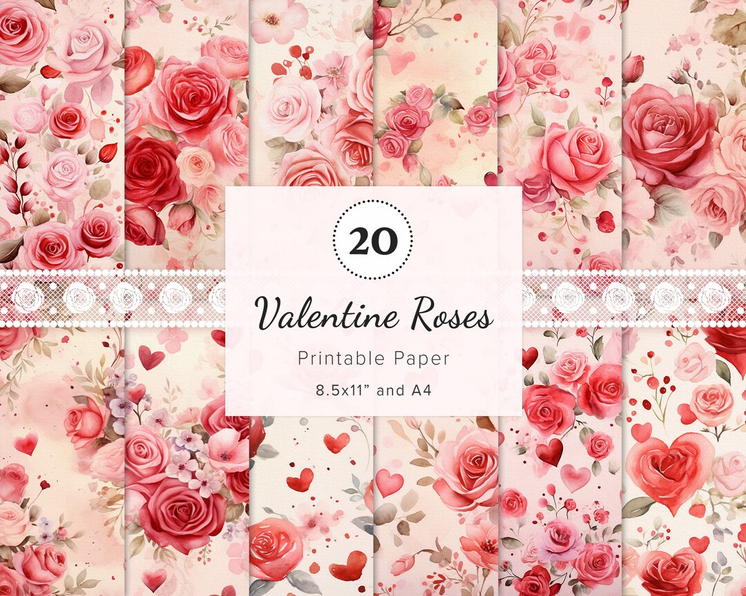 20 X Valentine Roses Printable Papers, Junk Journal Rose Background ...