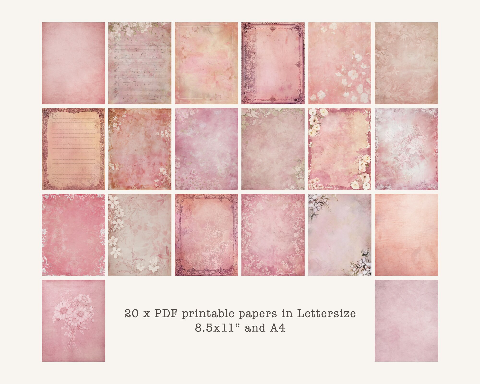20 X Printable Pink Stained Old Papers, Pink Ephemera, Tea Dyed Paper ...