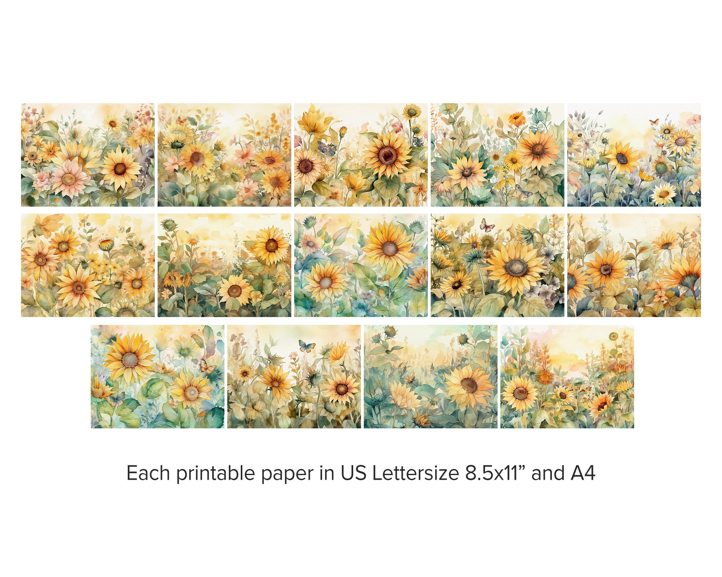 14 X Sunflowers Garden Printable Scrapbook Paper, Floral Digital Papers ...