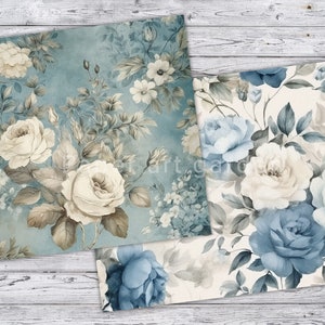 20 X Vintage Shabby Blue Rose Digital Papers, Blue Flowers Ephemera ...