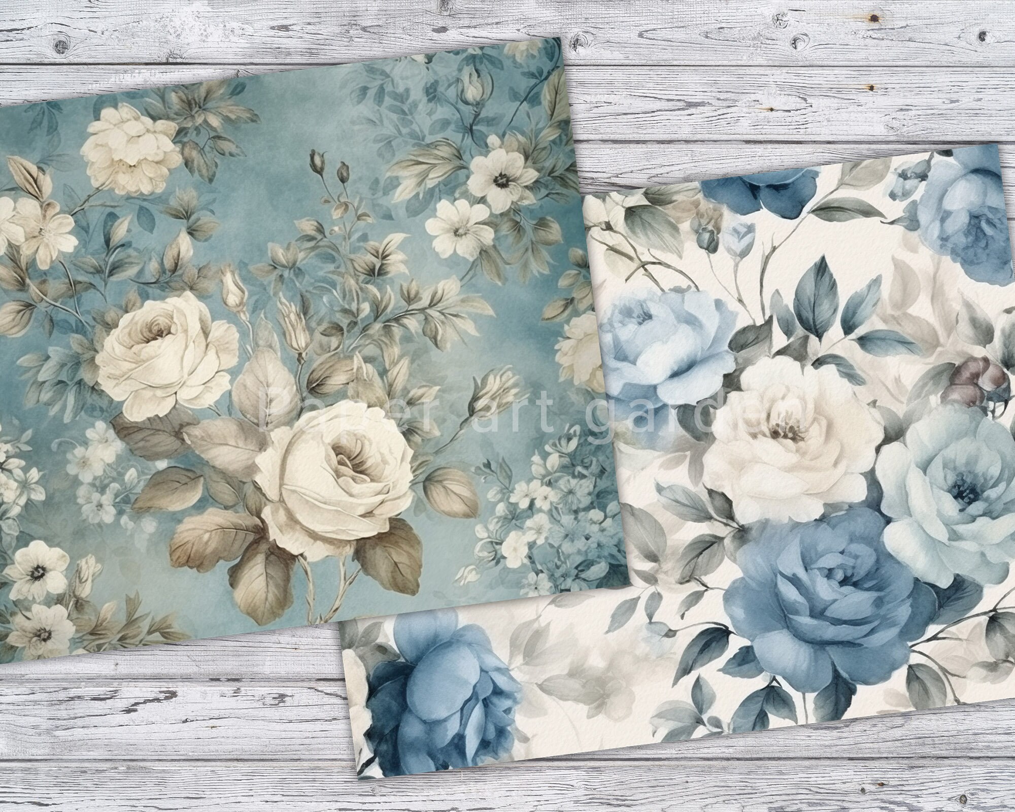 20 X Vintage Shabby Blue Rose Digital Papers, Blue Flowers Ephemera ...