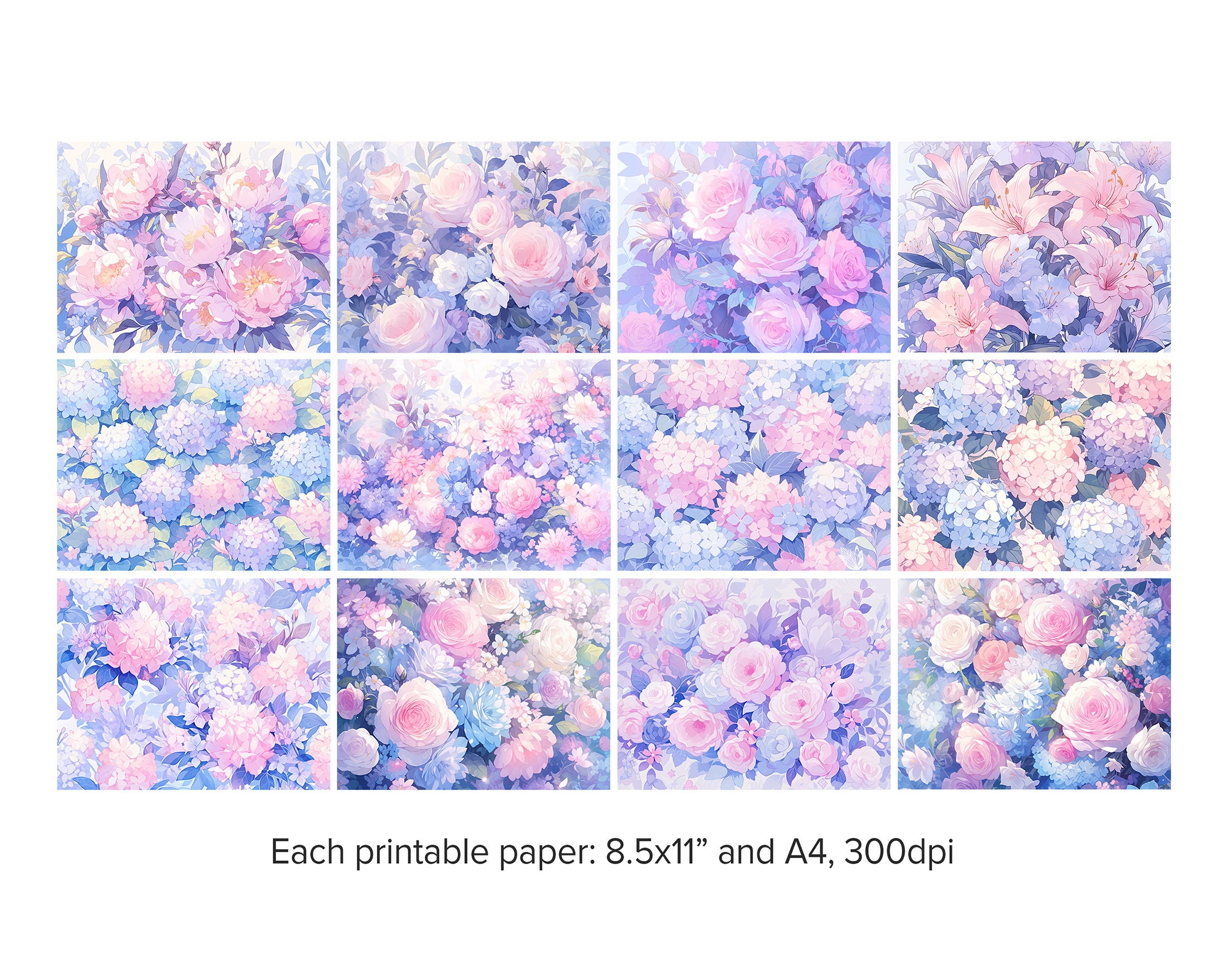 12 Pastel Flowers Digital Papers, Floral Medley Pattern, Printable ...