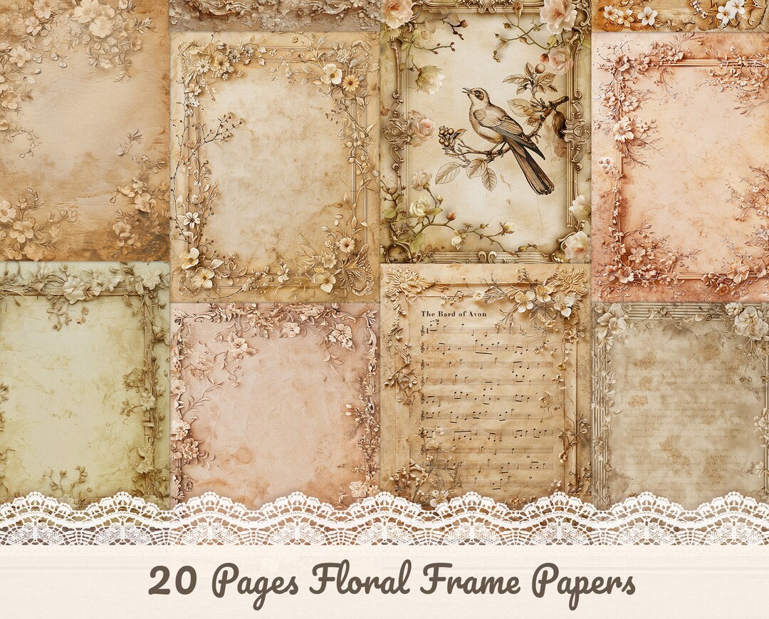 20 X Printable Tea Stained Papers With Floral Frames, Vintage Papers ...