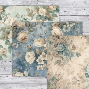 20 X Vintage Shabby Blue Rose Digital Papers, Blue Flowers Ephemera ...