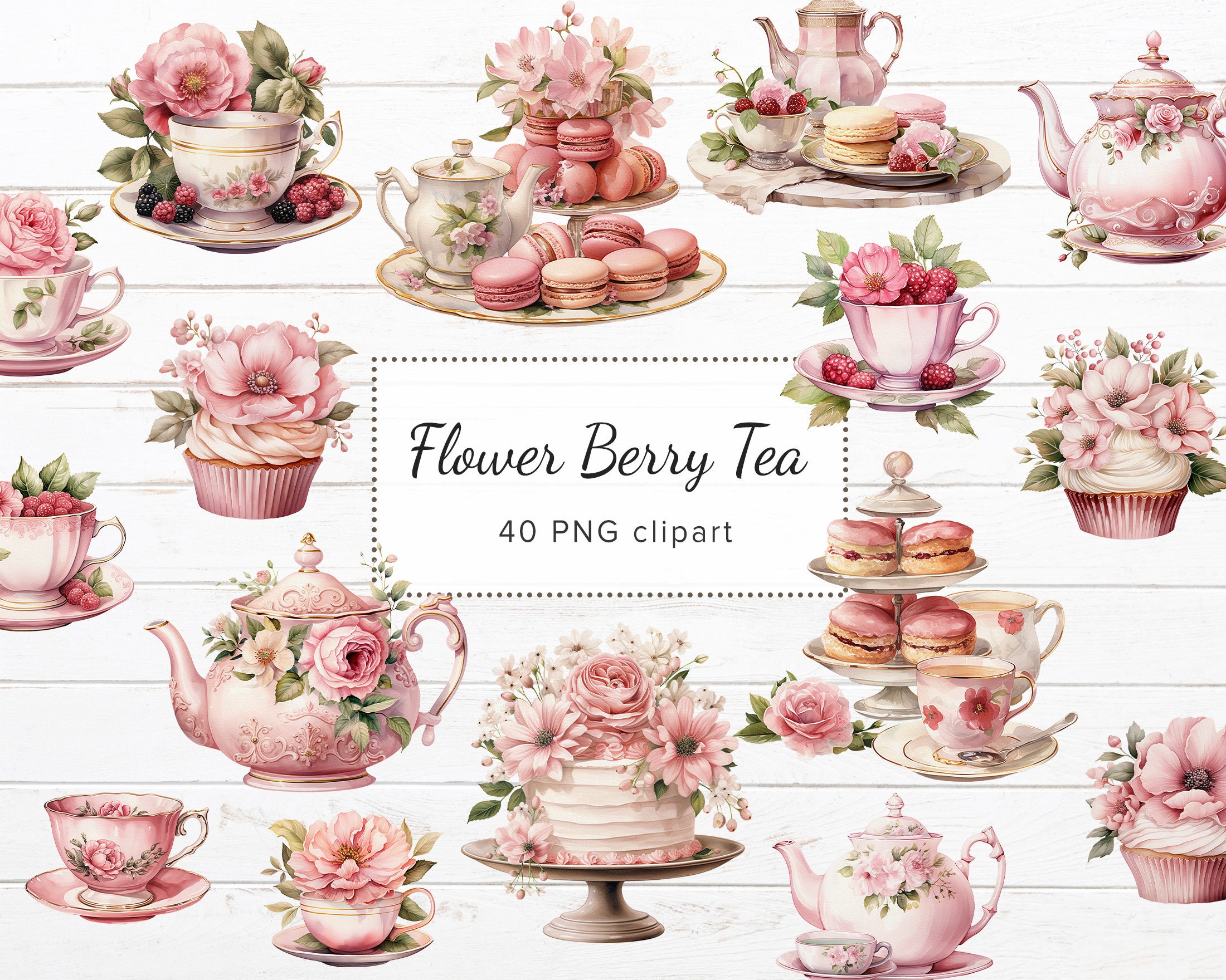 40 X Vintage Afternoon Tea PNG Clipart, Pink Flower & Berry Tea, Tea ...