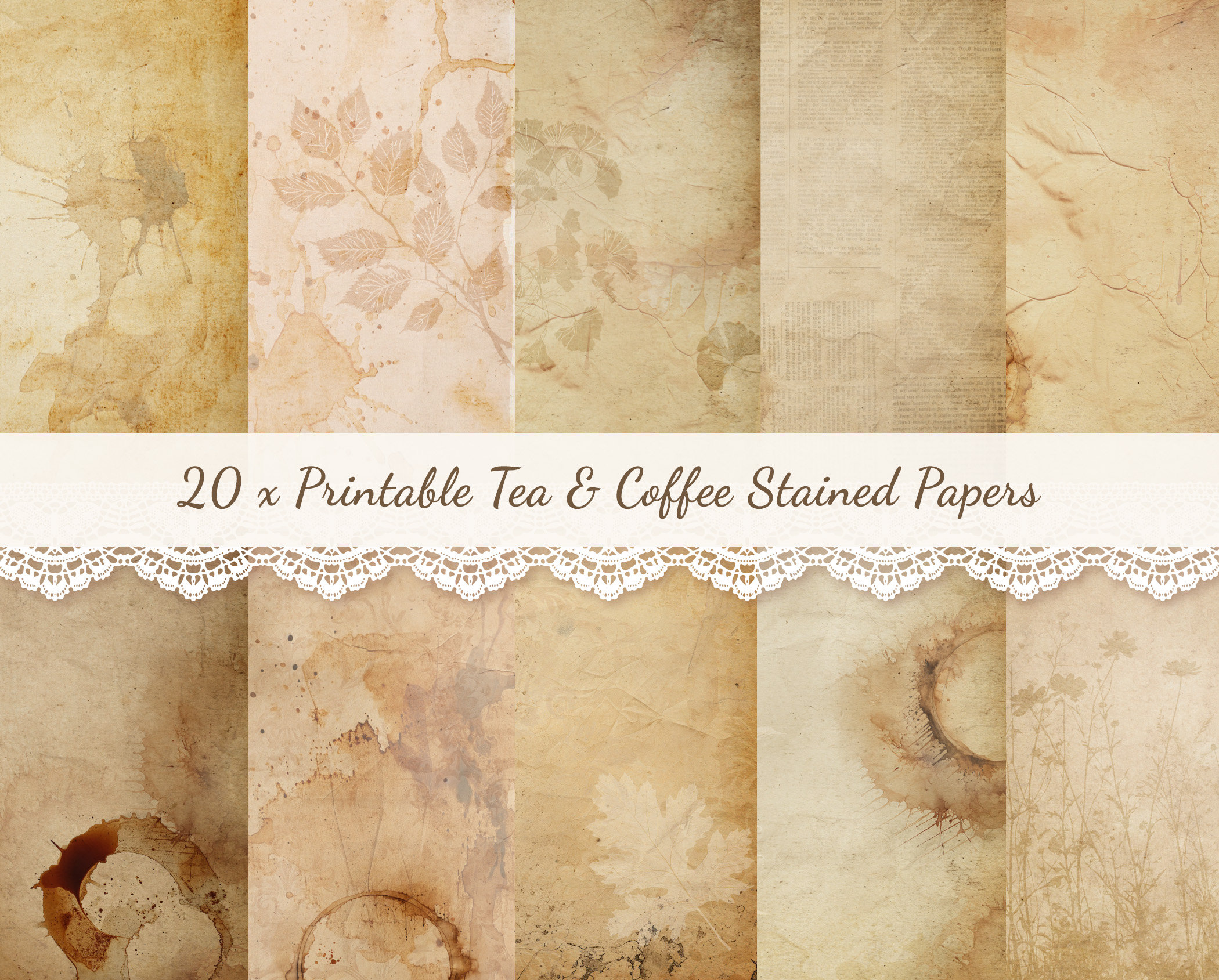 20 X Printable Tea Stain Papers, Coffee Dyed Paper Style, Shabby ...