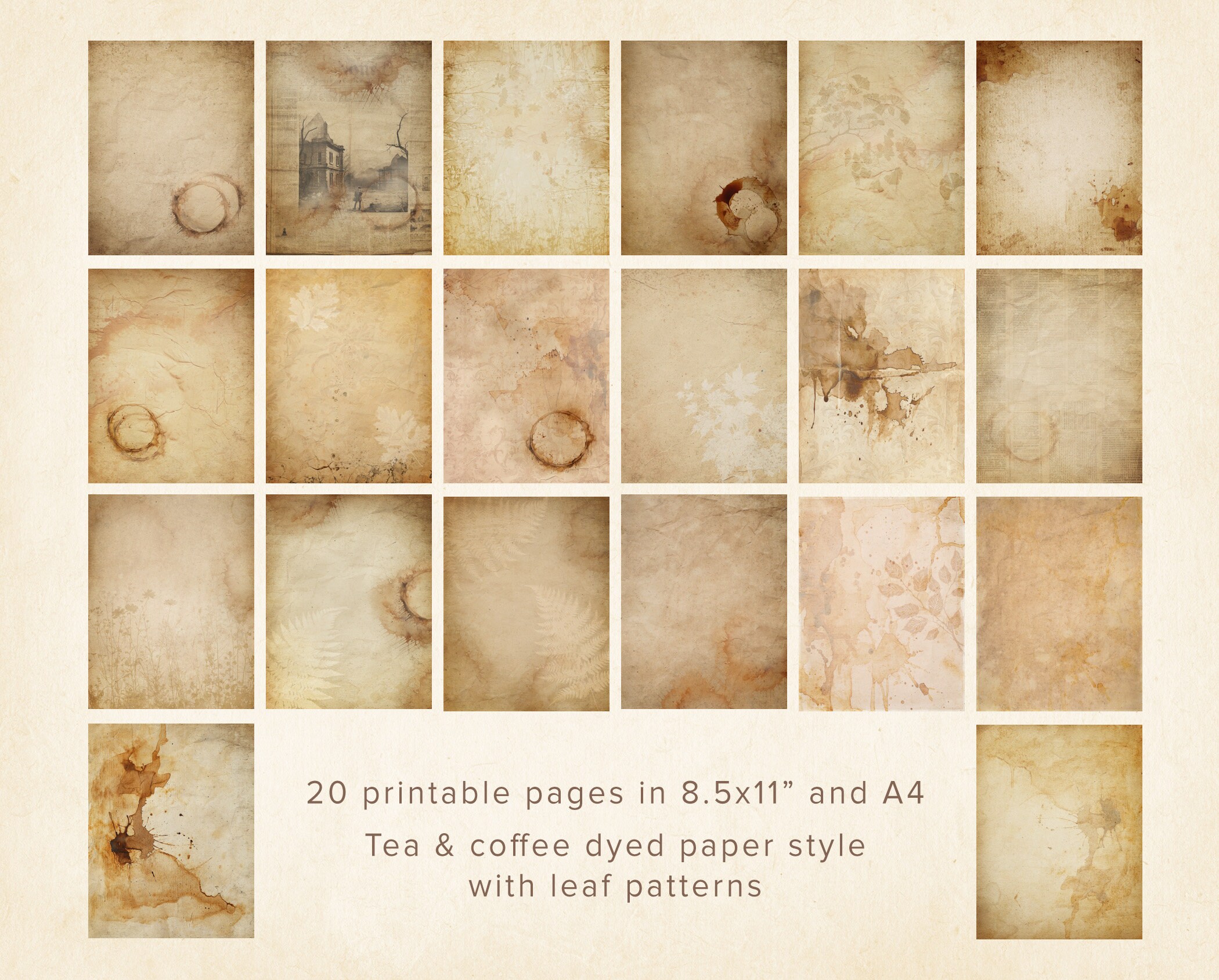 20 X Printable Tea Stain Papers, Coffee Dyed Paper Style, Shabby ...