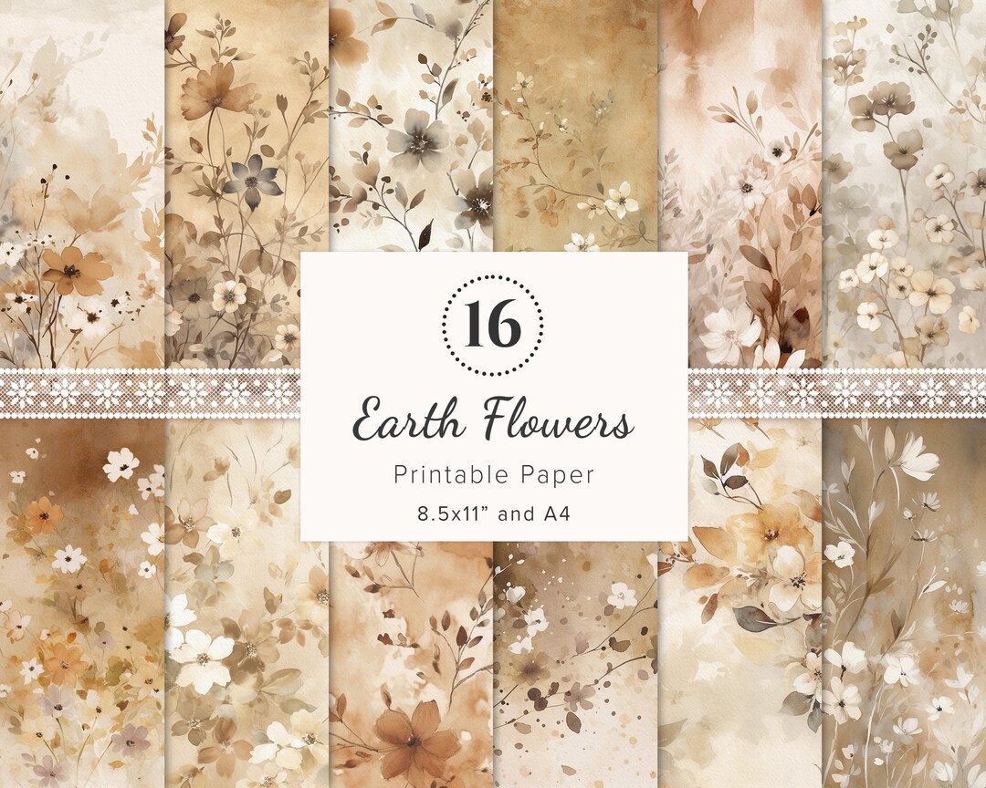16 X Floral Digital Papers, Earth Palette Flowers Scrapbook Ephemera ...