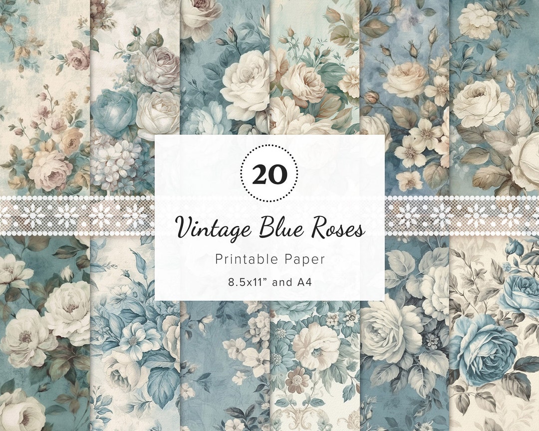20 X Vintage Shabby Blue Rose Digital Papers, Blue Flowers Ephemera ...