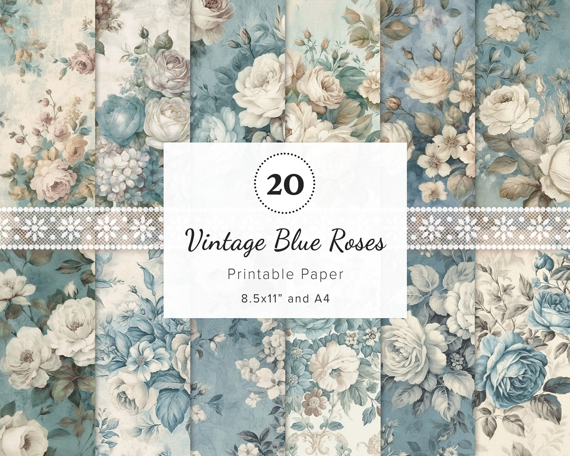20 X Vintage Shabby Blue Rose Digital Papers, Blue Flowers Ephemera ...