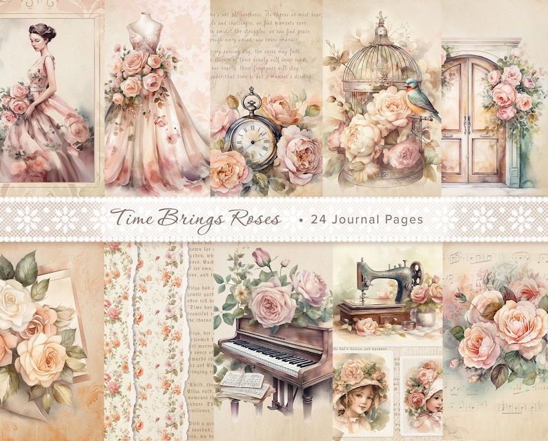 24 X Vintage Journal Pages time Brings Roses Scrapbook Ephemera Junk ...