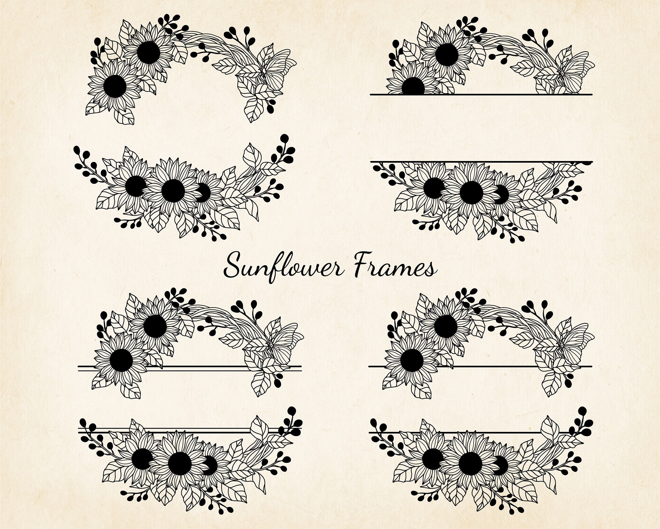 Sunflower Frame Svg Clipart Hand Drawn Sunflowers Wreath Etsy