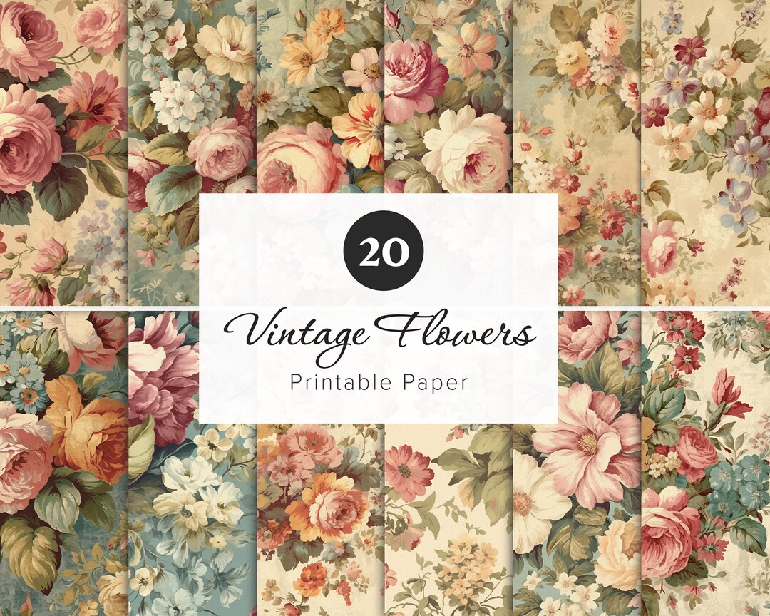 20 X Vintage Floral Digital Papers, Watercolor Flower Wallpaper, Junk ...